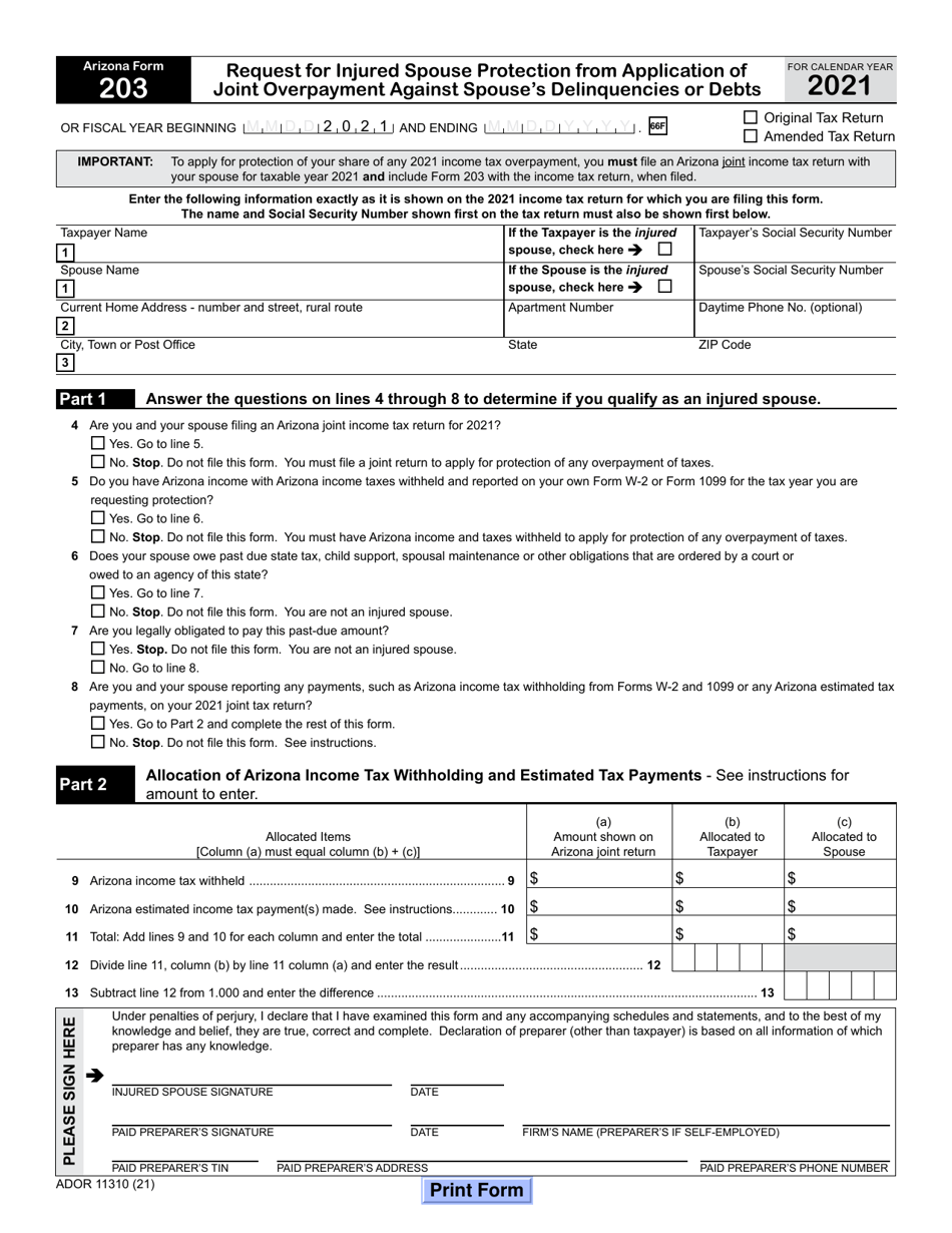 Arizona Form 203 (ADOR11310) - 2021 - Fill Out, Sign Online and ...