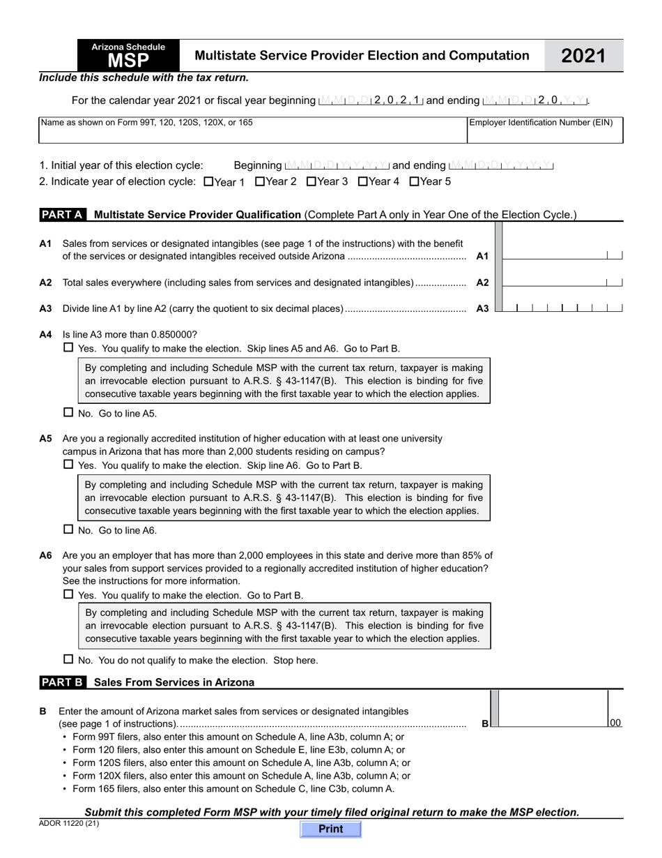 Form ADOR11220 Schedule MSP - 2021 - Fill Out, Sign Online and Download ...