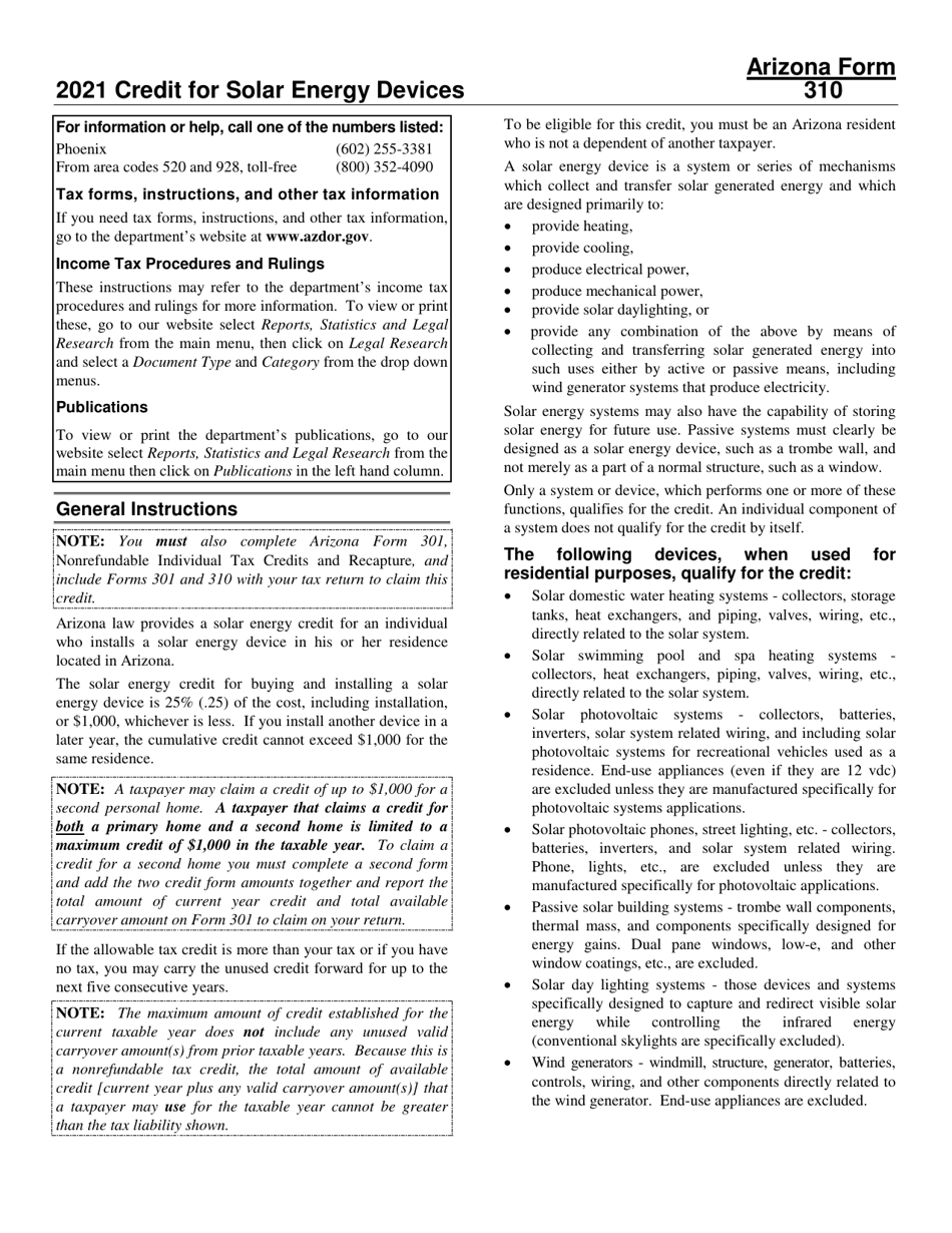 Download Instructions for Arizona Form 310, ADOR10139 Credit for Solar ...