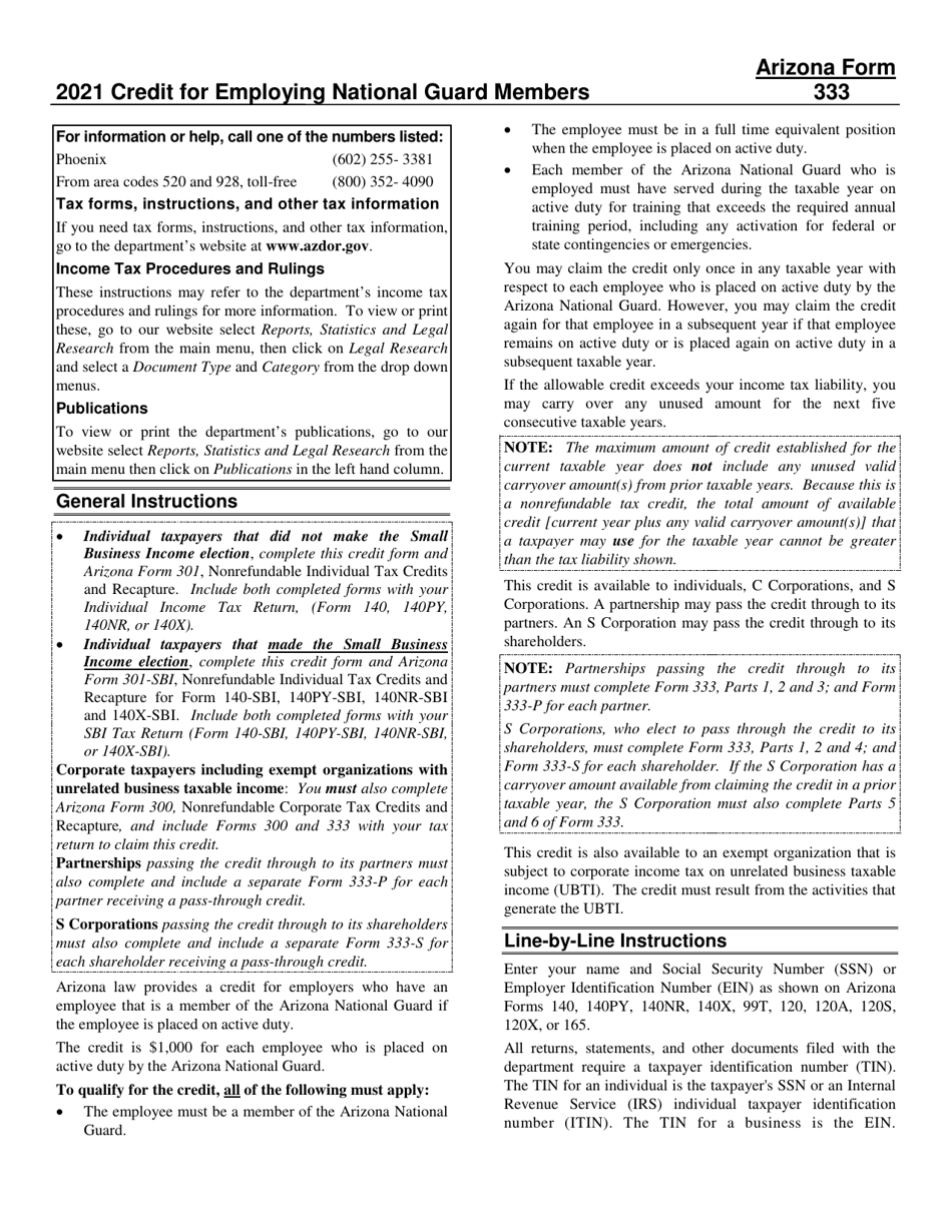 Download Instructions for Arizona Form 333, ADOR10714, Arizona Form 333 ...