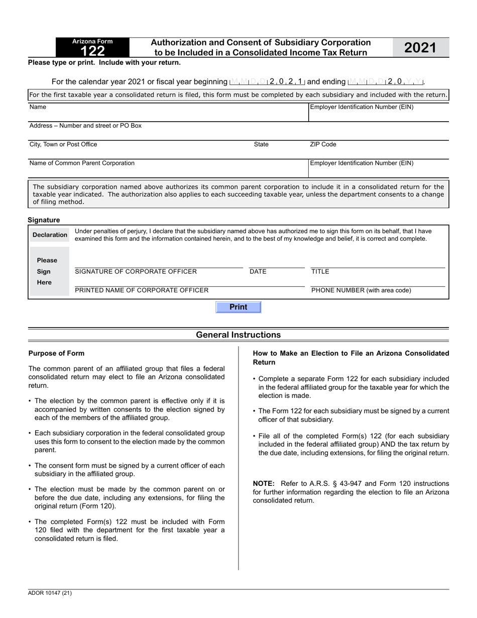 Arizona Form 122 (ADOR10147) - 2021 - Fill Out, Sign Online and ...