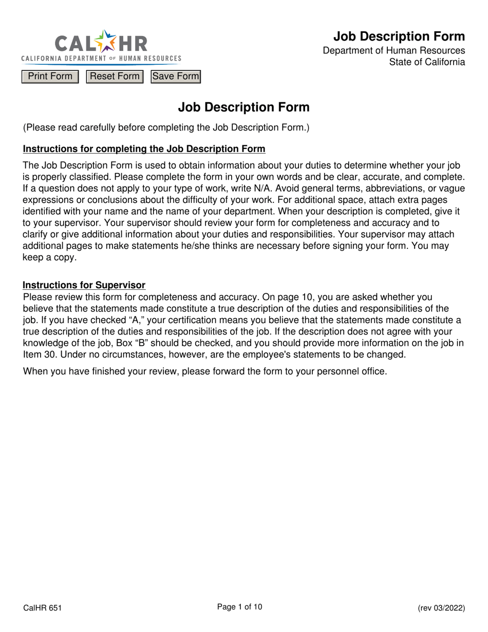 Form CALHR651 Download Printable PDF or Fill Online Job Description ...