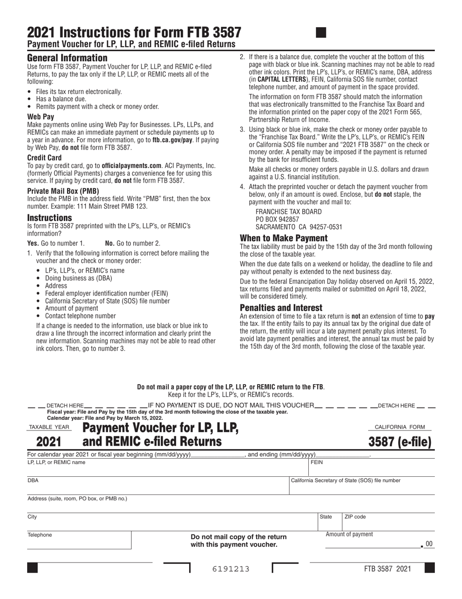 Form FTB3587 Download Fillable PDF or Fill Online Payment Voucher for ...