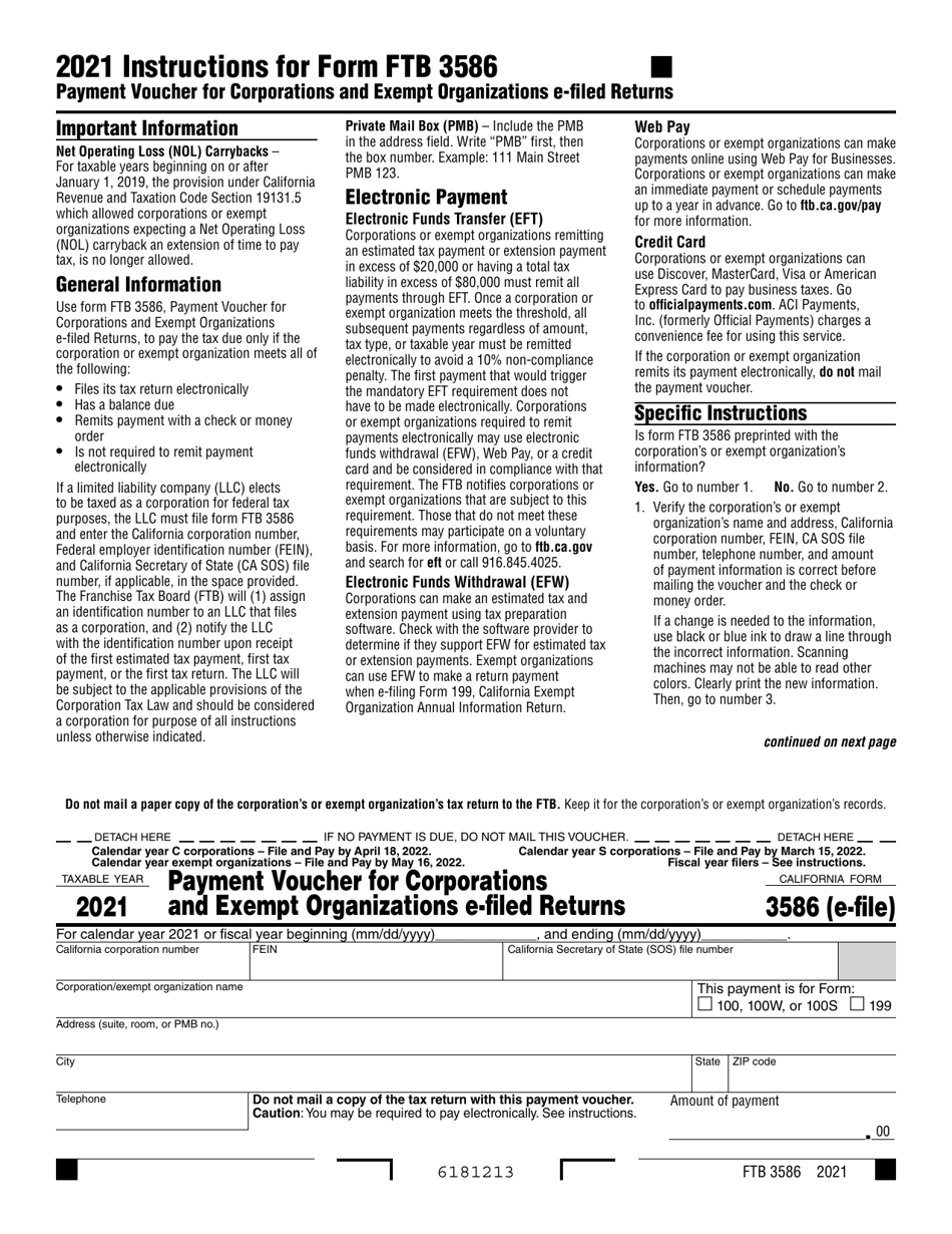 Form FTB3586 Download Fillable PDF or Fill Online Payment Voucher for Corporations and Exempt ...