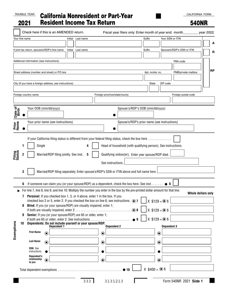 Form 540NR - 2021 - Fill Out, Sign Online and Download Fillable PDF ...