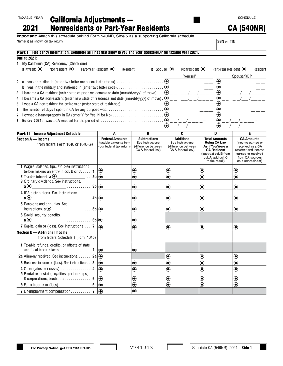 Form 540NR Schedule CA - 2021 - Fill Out, Sign Online and Download ...