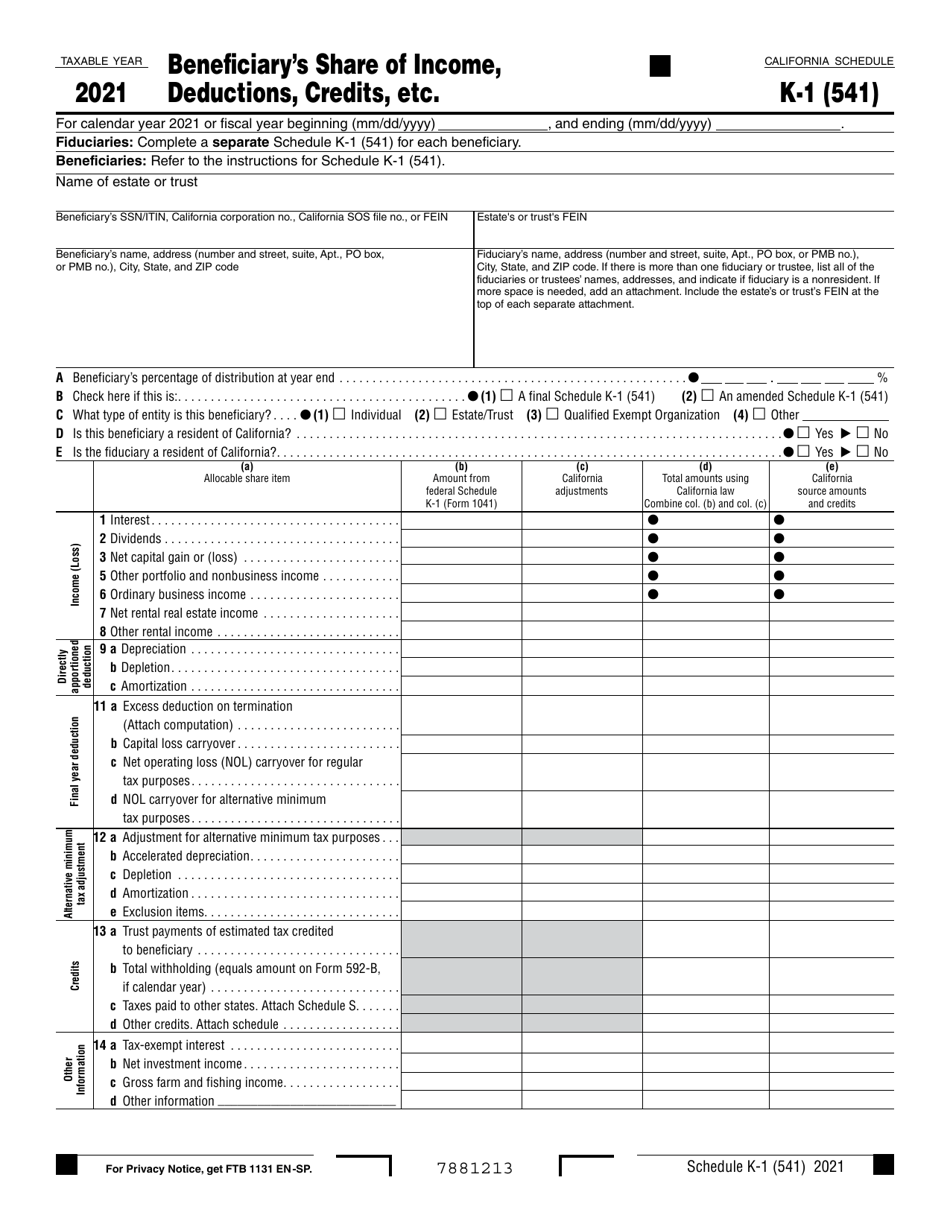 Form 541 Schedule K-1 - 2021 - Fill Out, Sign Online and Download ...