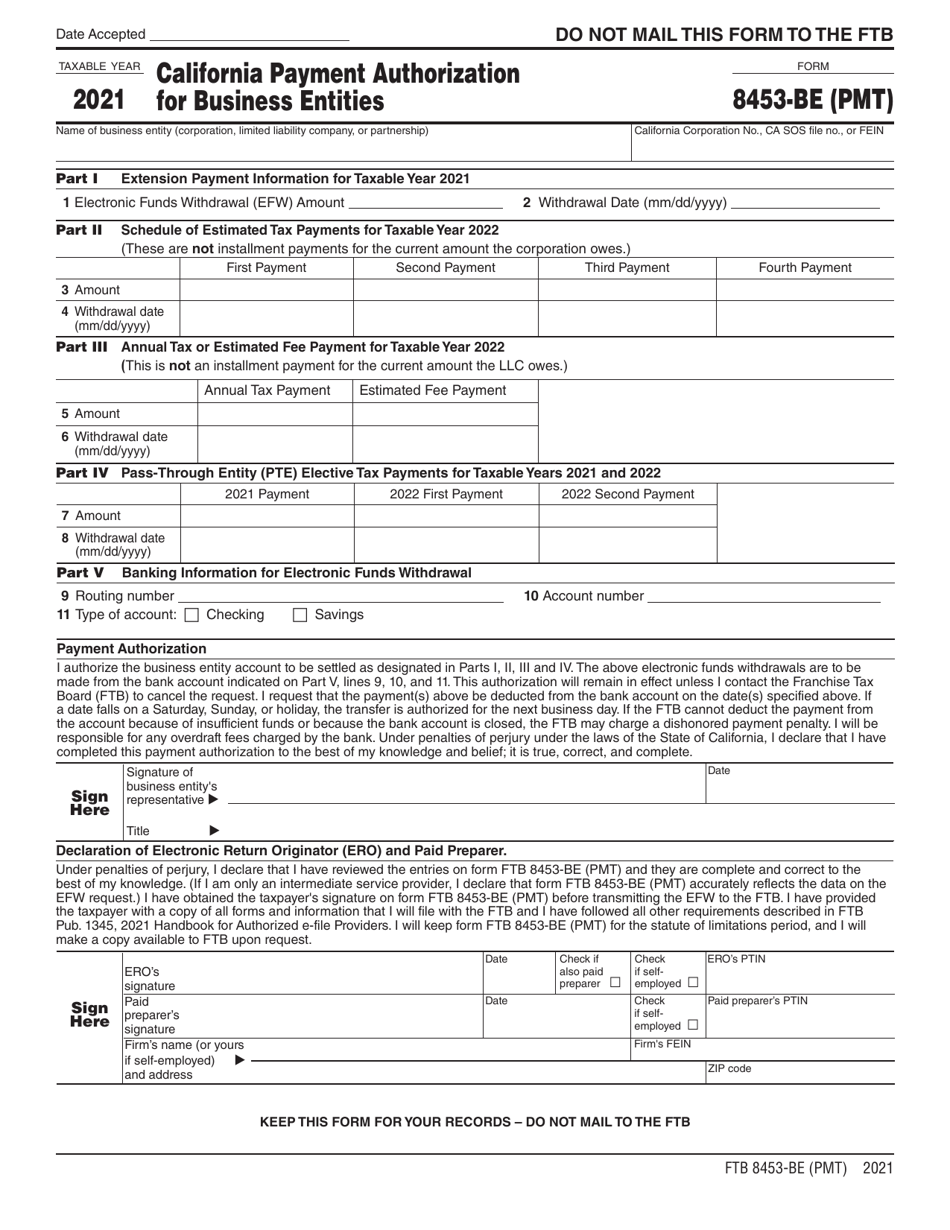 Form FTB8453-BE (PMT) Download Fillable PDF or Fill Online California ...