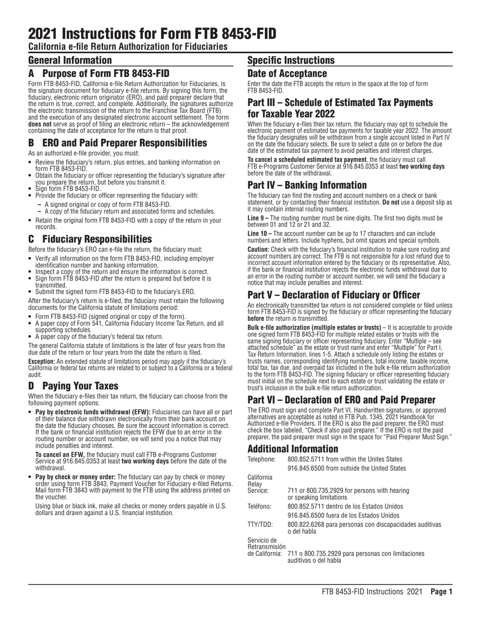 Download Instructions for Form FTB8453-FID California E-File Return ...