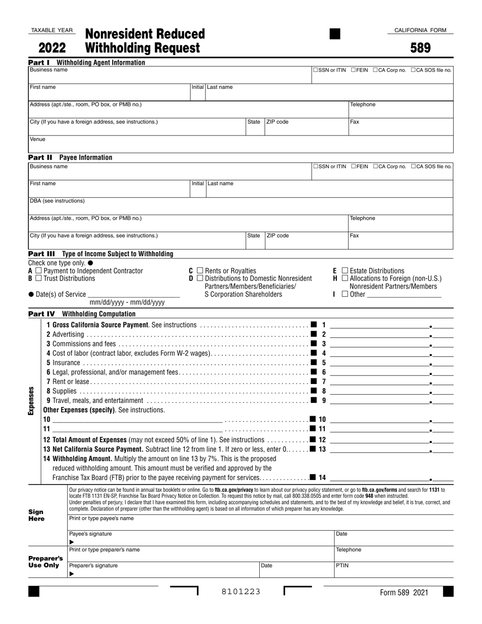 Form 589 - 2022 - Fill Out, Sign Online and Download Fillable PDF ...