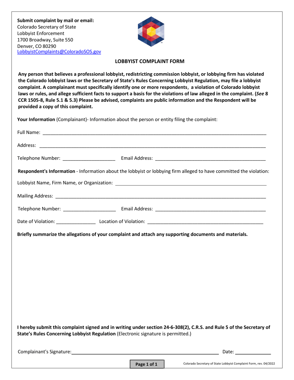 Colorado Lobbyist Complaint Form Download Fillable PDF | Templateroller