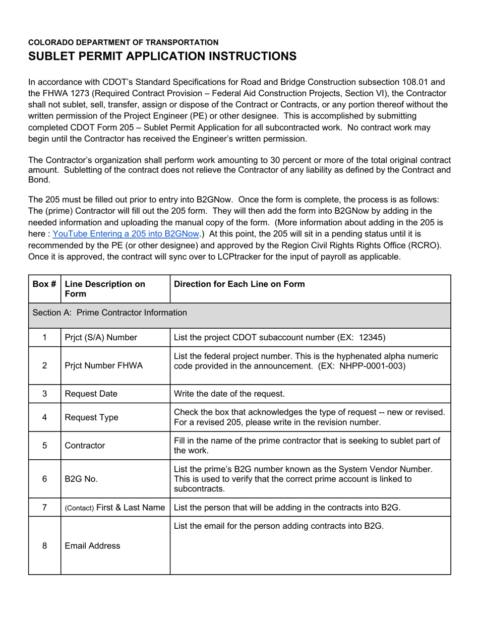 Download Instructions for CDOT Form 205 Sublet Permit Application PDF | Templateroller