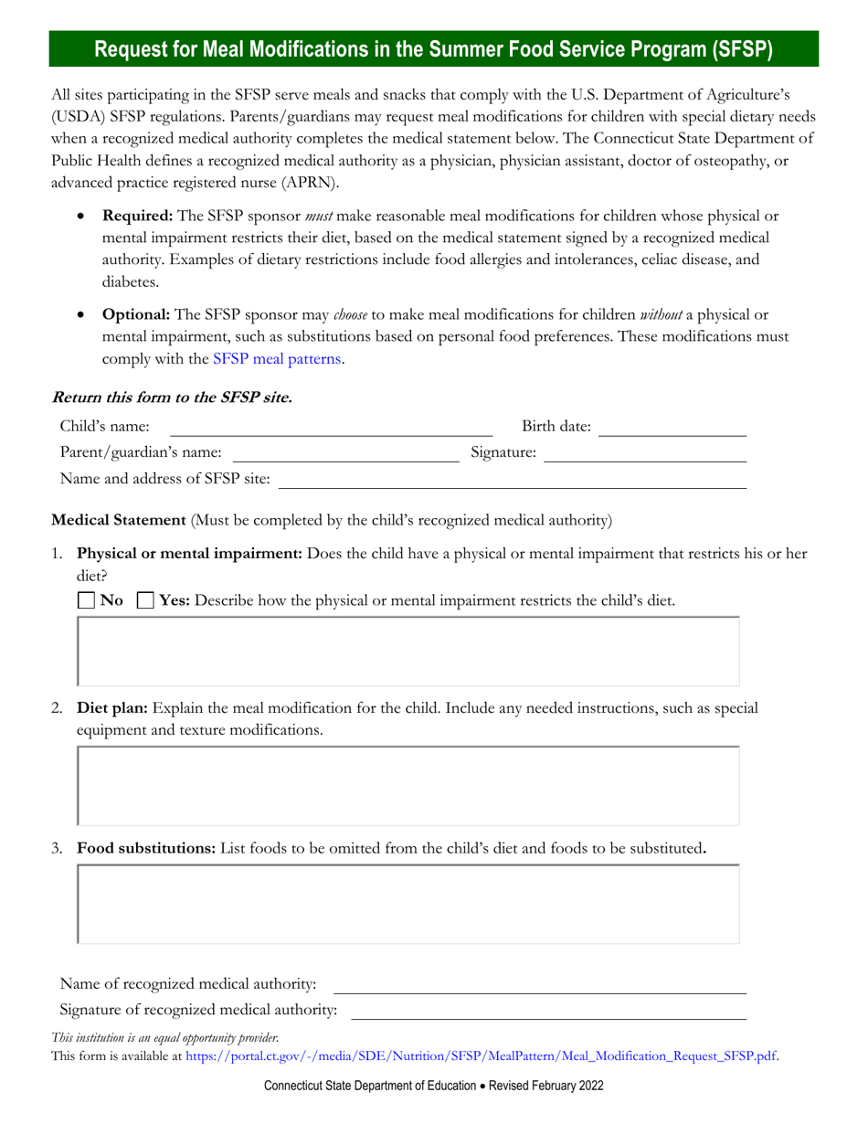 Connecticut Request for Meal Modifications in the Summer Food Service ...