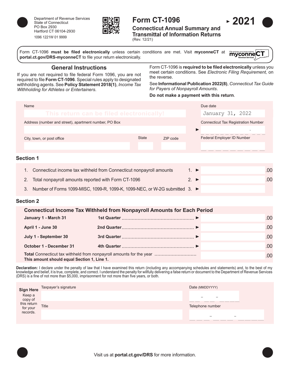 Form CT-1096 Download Printable PDF or Fill Online Connecticut Annual ...
