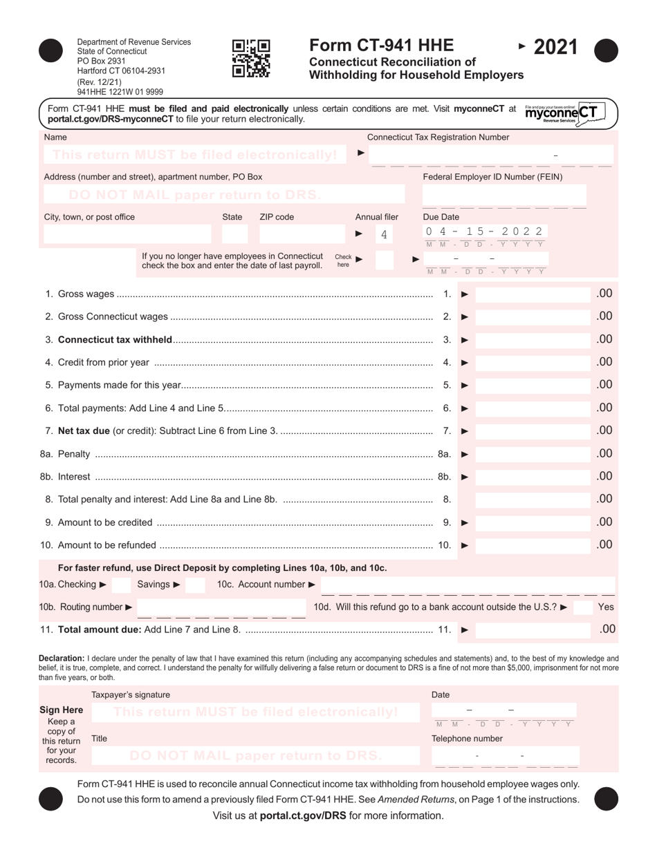 Form CT-941 HHE Download Printable PDF or Fill Online Connecticut ...