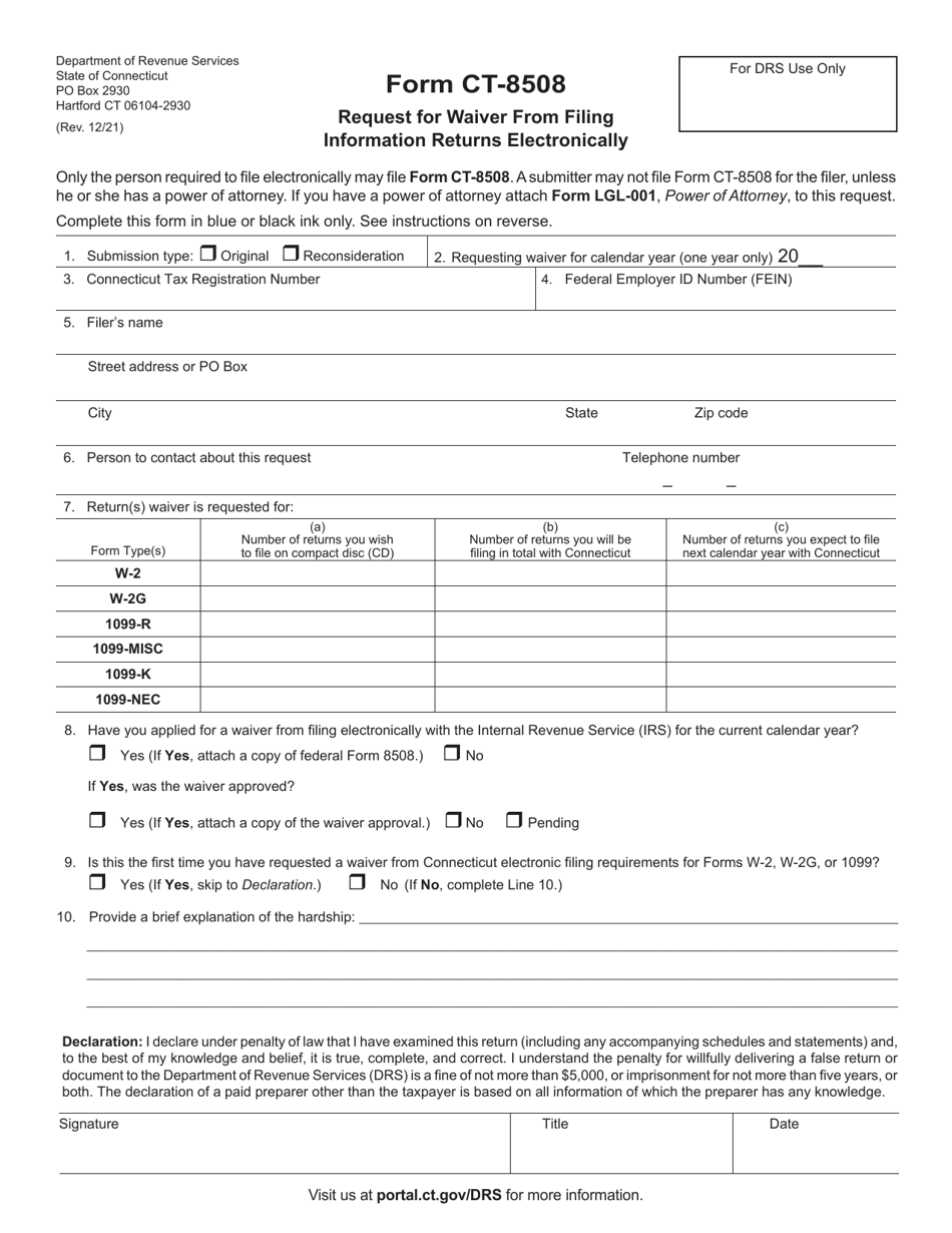 Form CT-8508 Download Printable PDF or Fill Online Request for Waiver ...