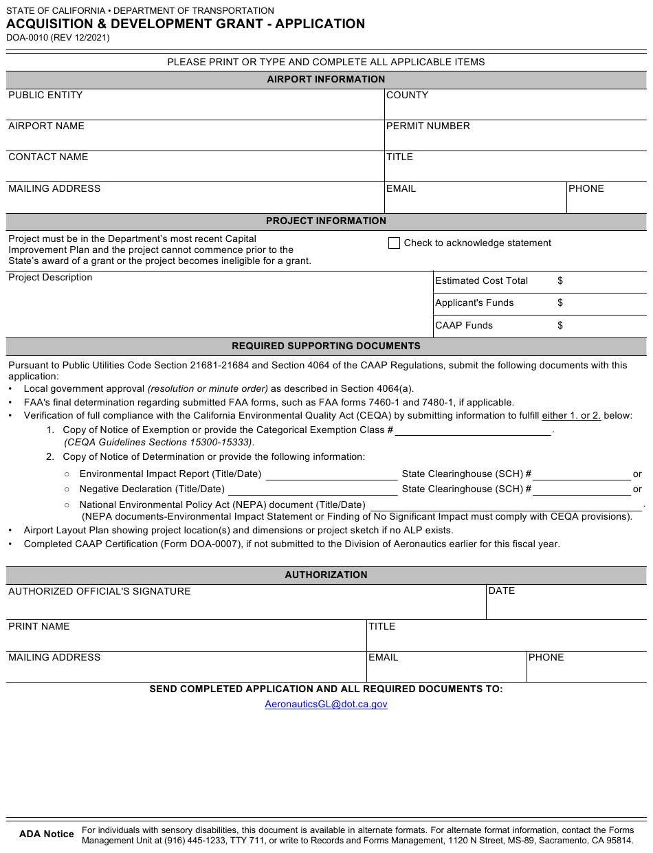 Form DOA-0010 Download Fillable PDF or Fill Online Acquisition & Development Grant - Application ...