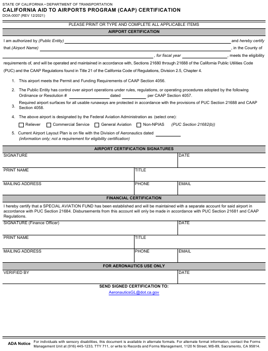 Form DOA-0007 Download Fillable PDF or Fill Online California Aid to ...