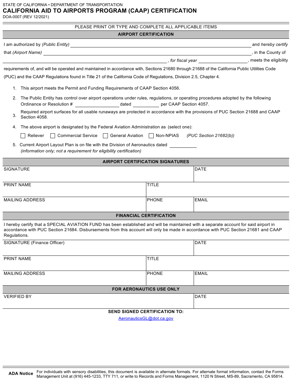 Form DOA-0007 Download Fillable PDF or Fill Online California Aid to ...