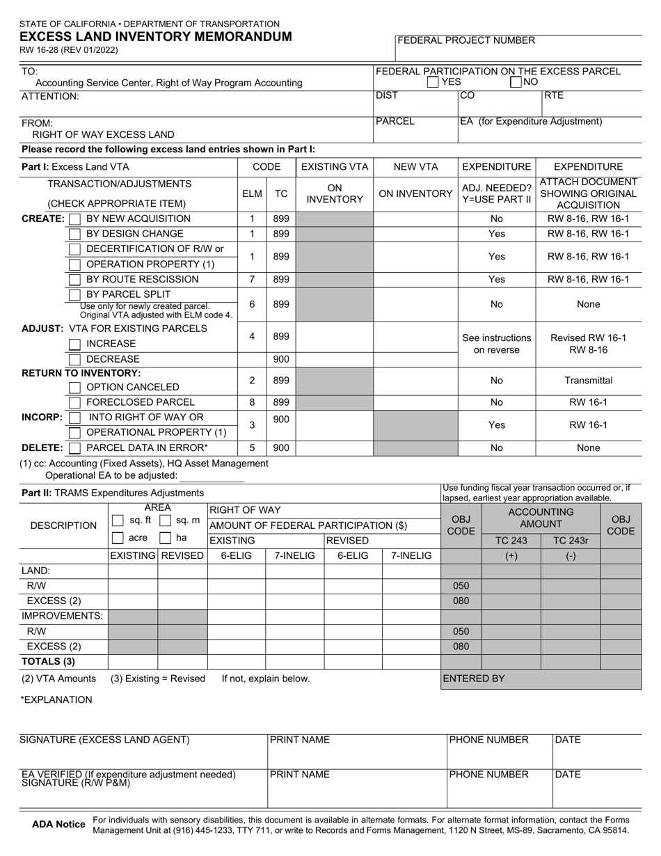Form RW16-28 Download Fillable PDF or Fill Online Excess Land Inventory ...