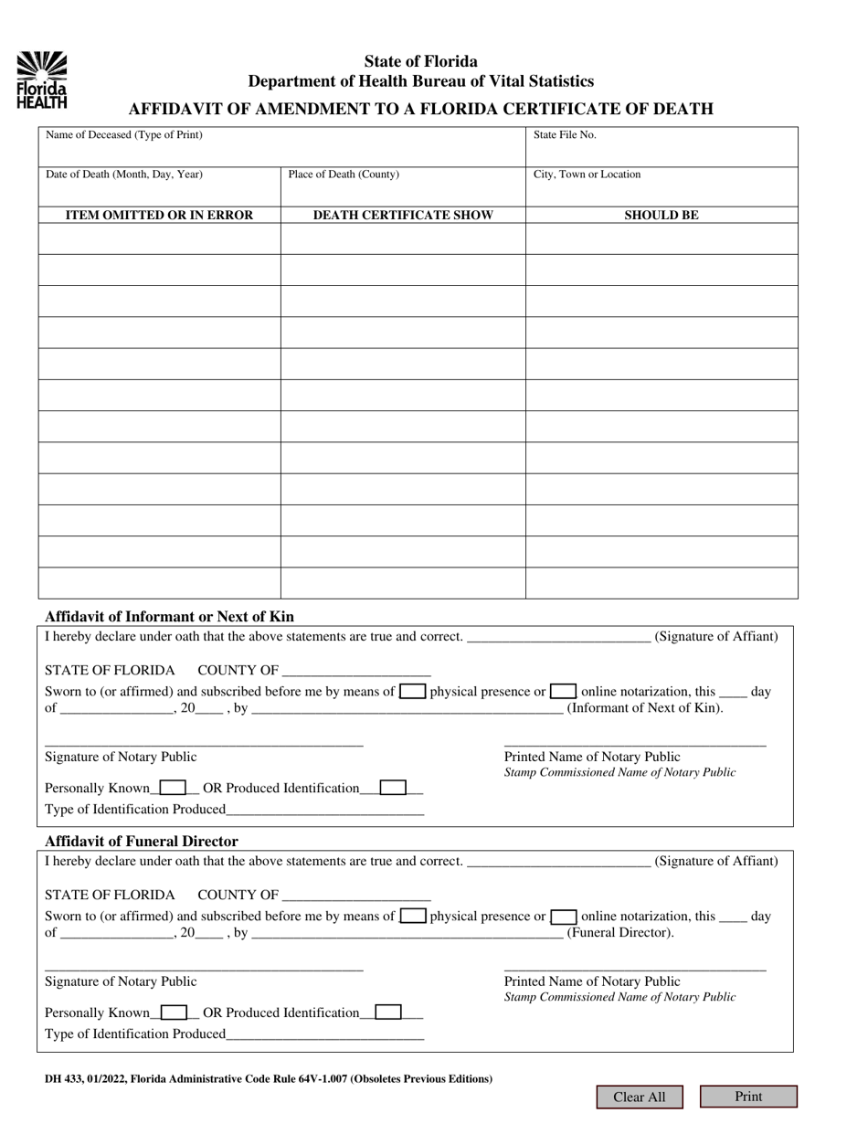 Form DH433 - Fill Out, Sign Online and Download Fillable PDF, Florida ...