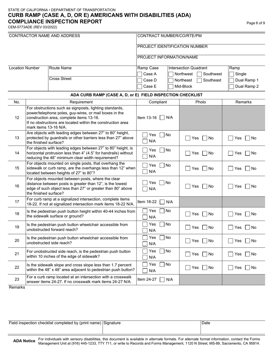 Form CEM-5773ADE Download Fillable PDF or Fill Online Curb Ramp (Case a ...
