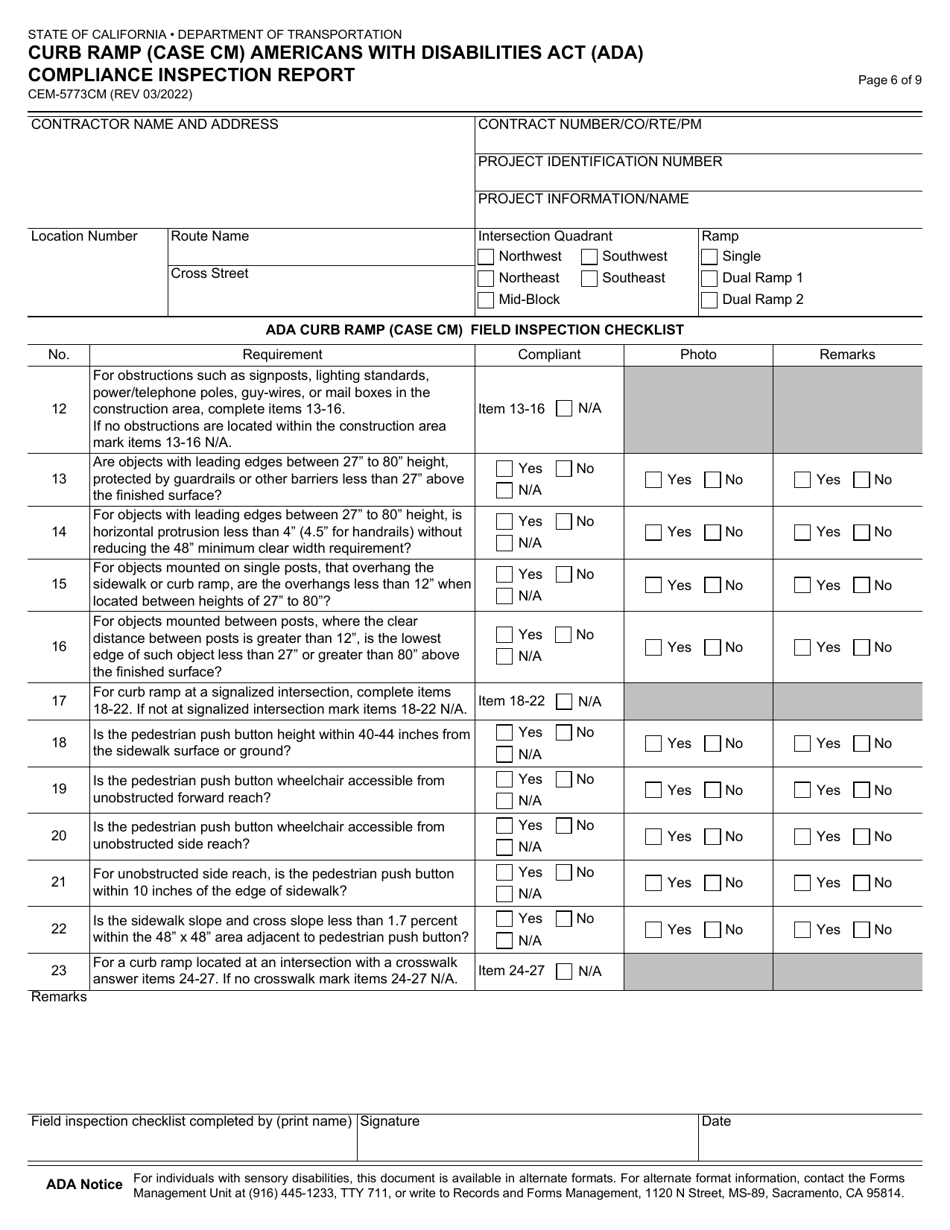 Form CEM-5773CM Download Fillable PDF or Fill Online Curb Ramp (Case Cm ...