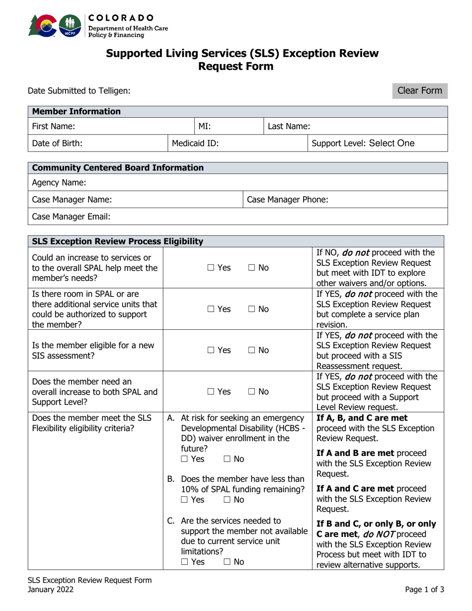 Colorado Supported Living Services (Sls) Exception Review Request Form ...