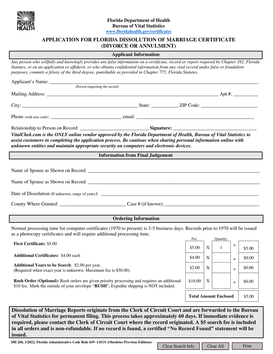 Form DH260 - Fill Out, Sign Online and Download Fillable PDF, Florida ...
