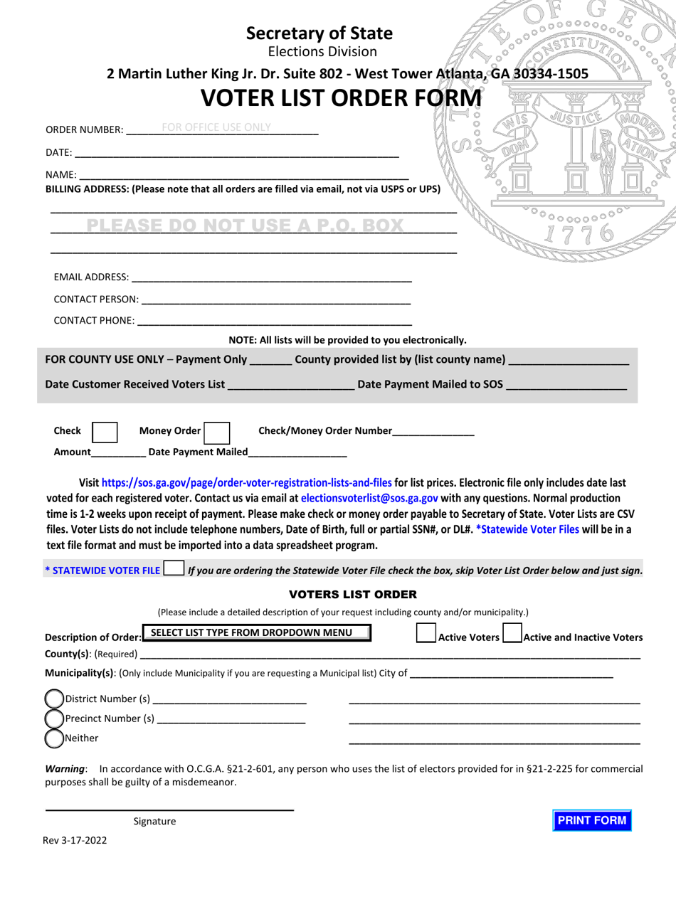 Georgia (United States) Voter List Order Form - Fill Out, Sign Online ...