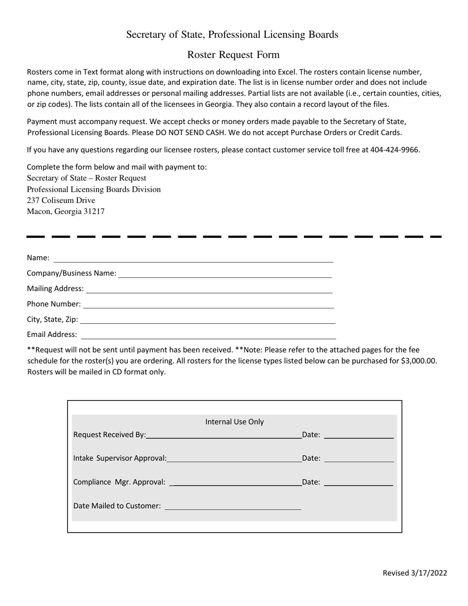 Georgia (United States) Roster Request Form Download Printable PDF ...