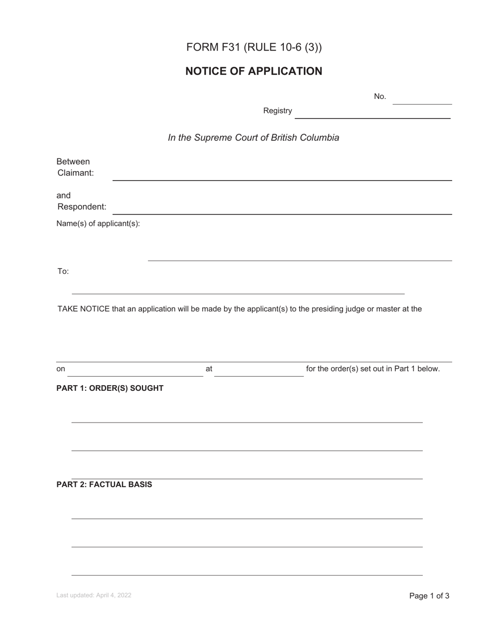 Form F31 Download Fillable Pdf Or Fill Online Notice Of Application