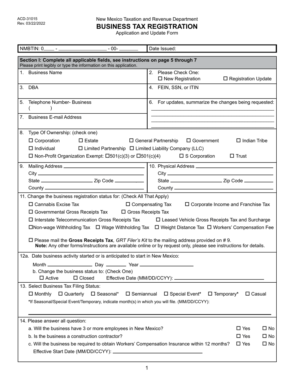 Form ACD-31015 Download Fillable PDF or Fill Online Business Tax ...