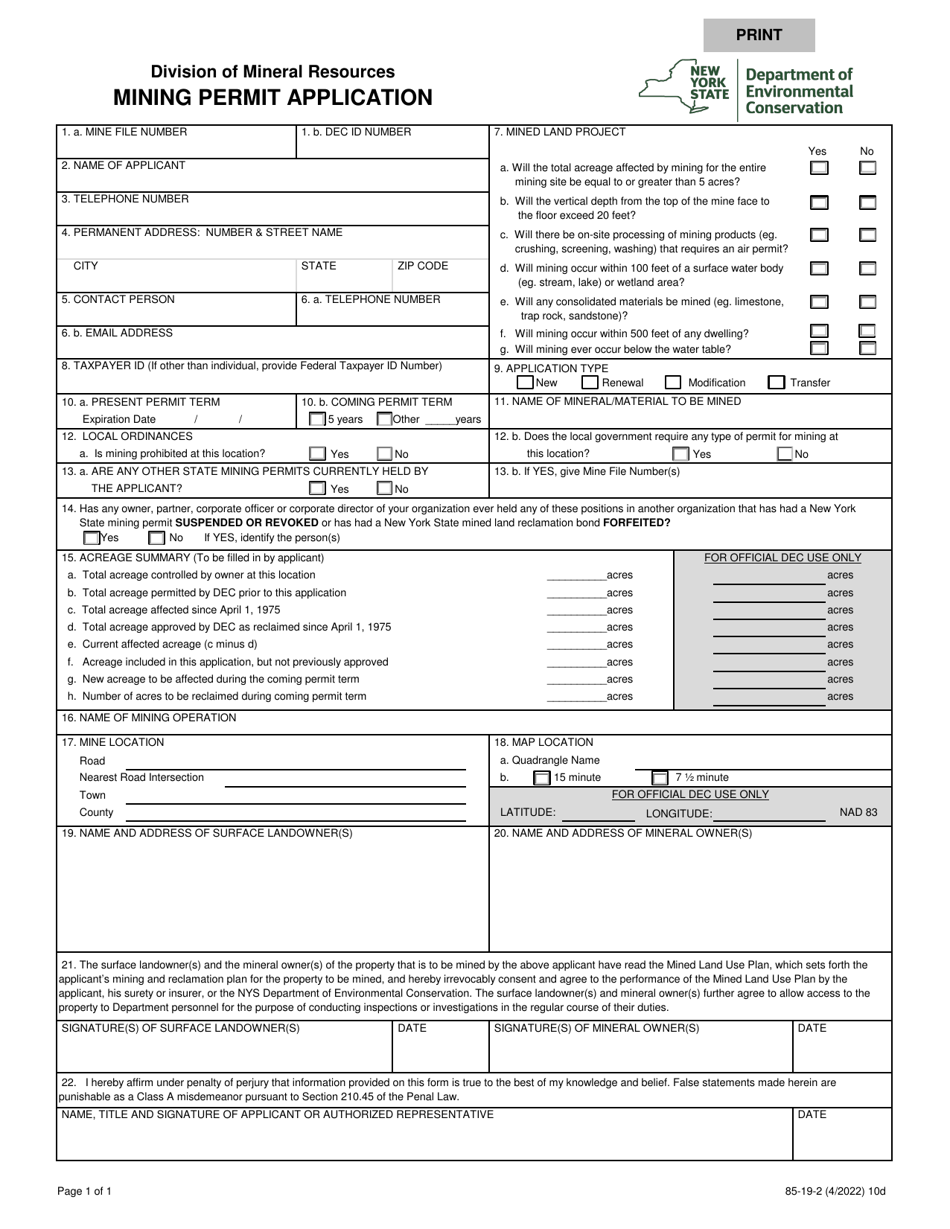 Form 85-19-2 Download Fillable PDF or Fill Online Mining Permit ...