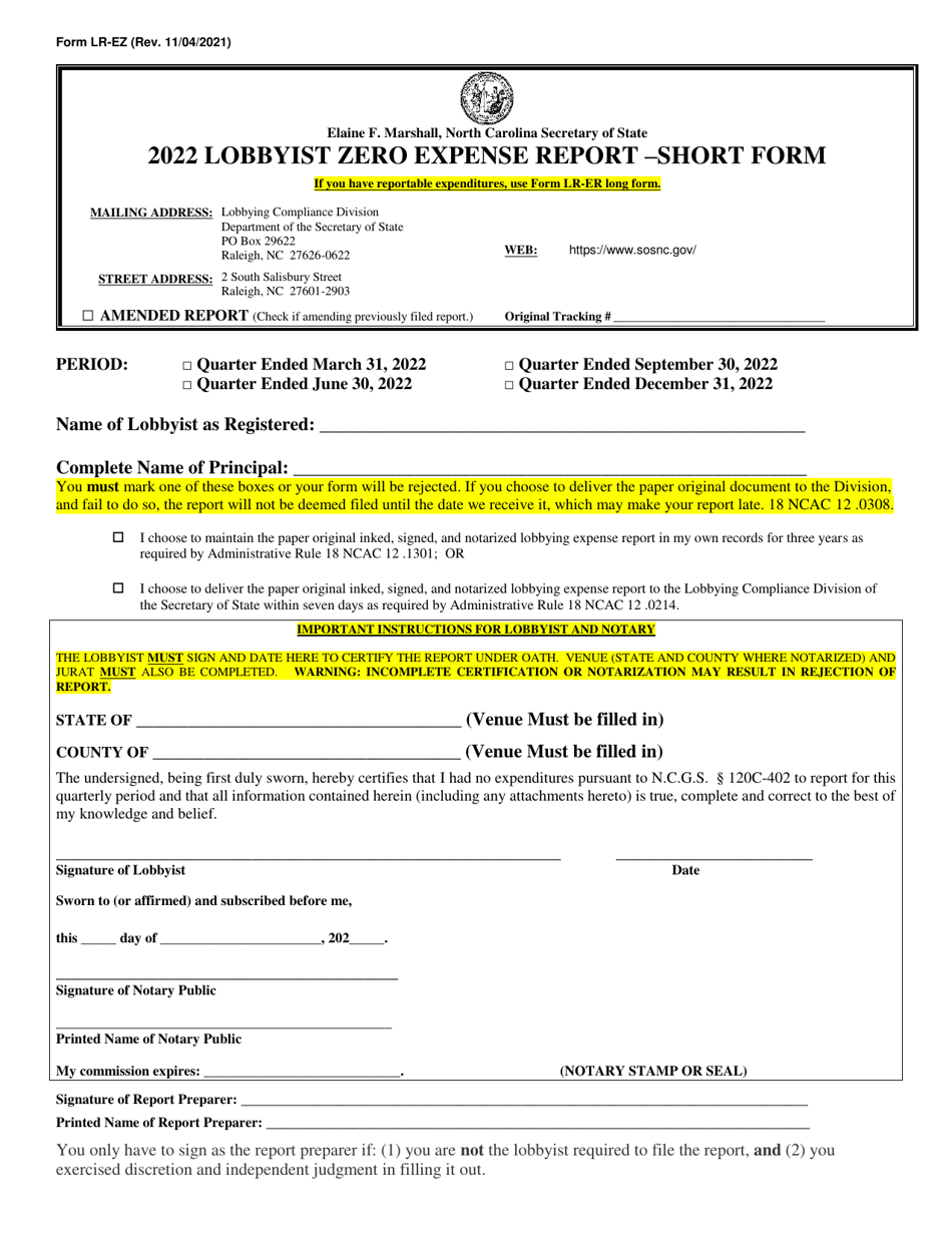 Form LR-EZ Download Printable PDF or Fill Online Lobbyist Zero Expense ...