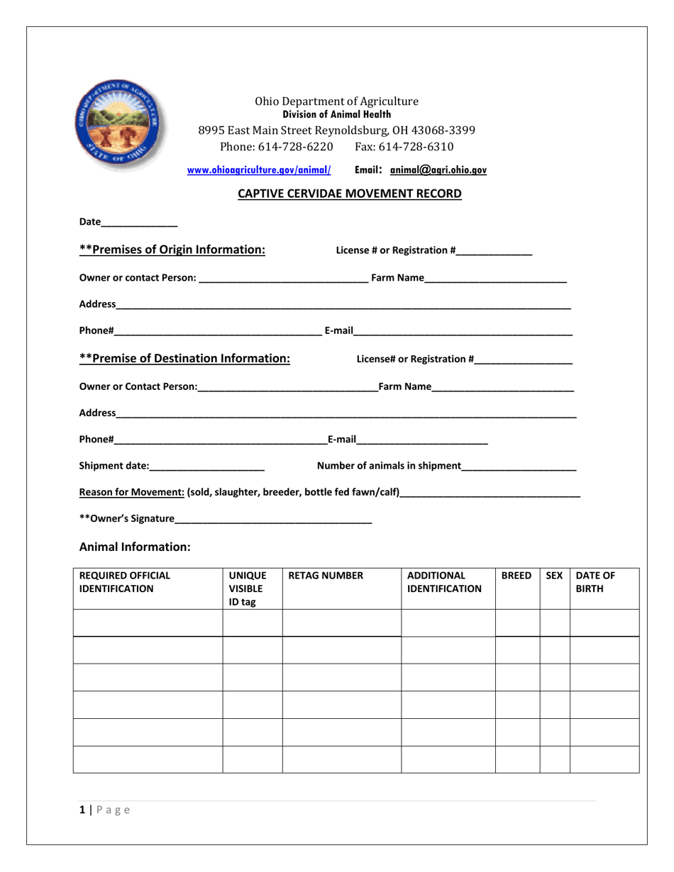Ohio Captive Cervidae Movement Record - Fill Out, Sign Online and ...