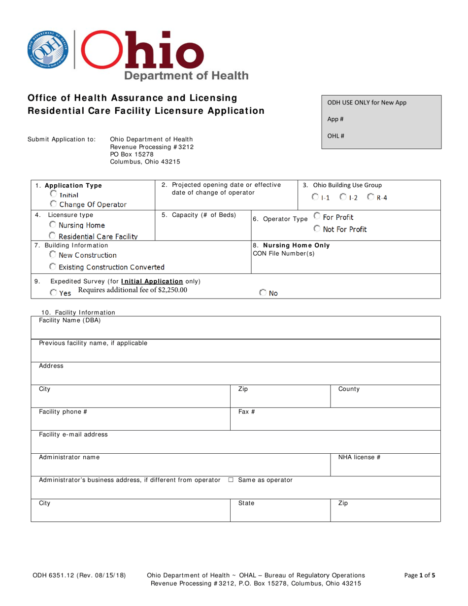 Form ODH6351.12 - Fill Out, Sign Online and Download Fillable PDF, Ohio ...