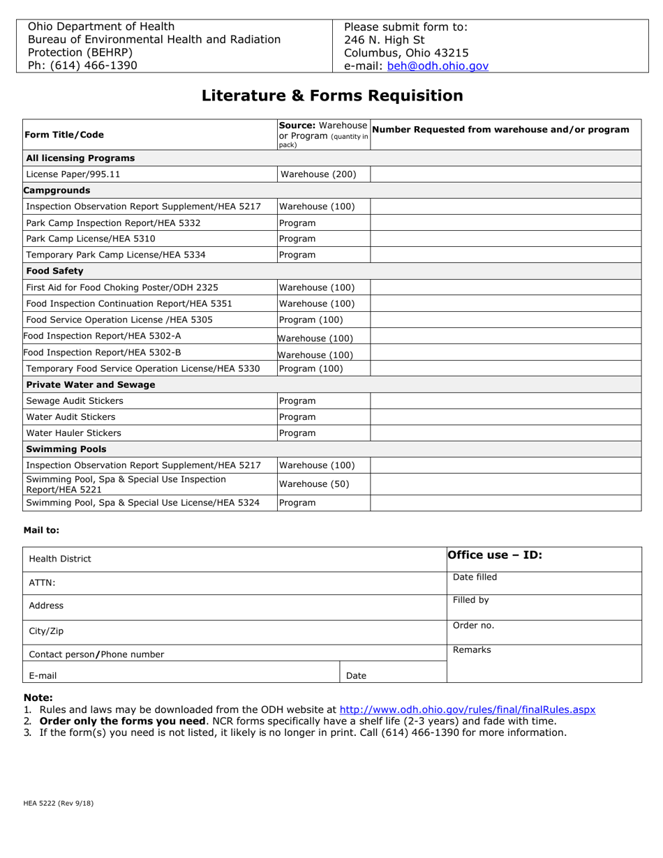 Form HEA5222 - Fill Out, Sign Online and Download Fillable PDF, Ohio ...