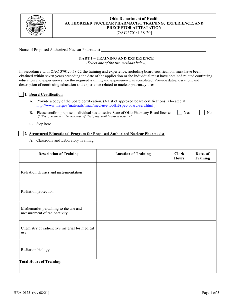 Form HEA0123 - Fill Out, Sign Online and Download Fillable PDF, Ohio ...