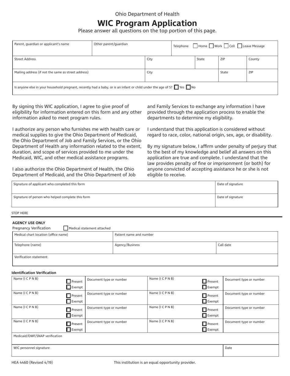 Form HEA4460 - Fill Out, Sign Online and Download Fillable PDF, Ohio ...