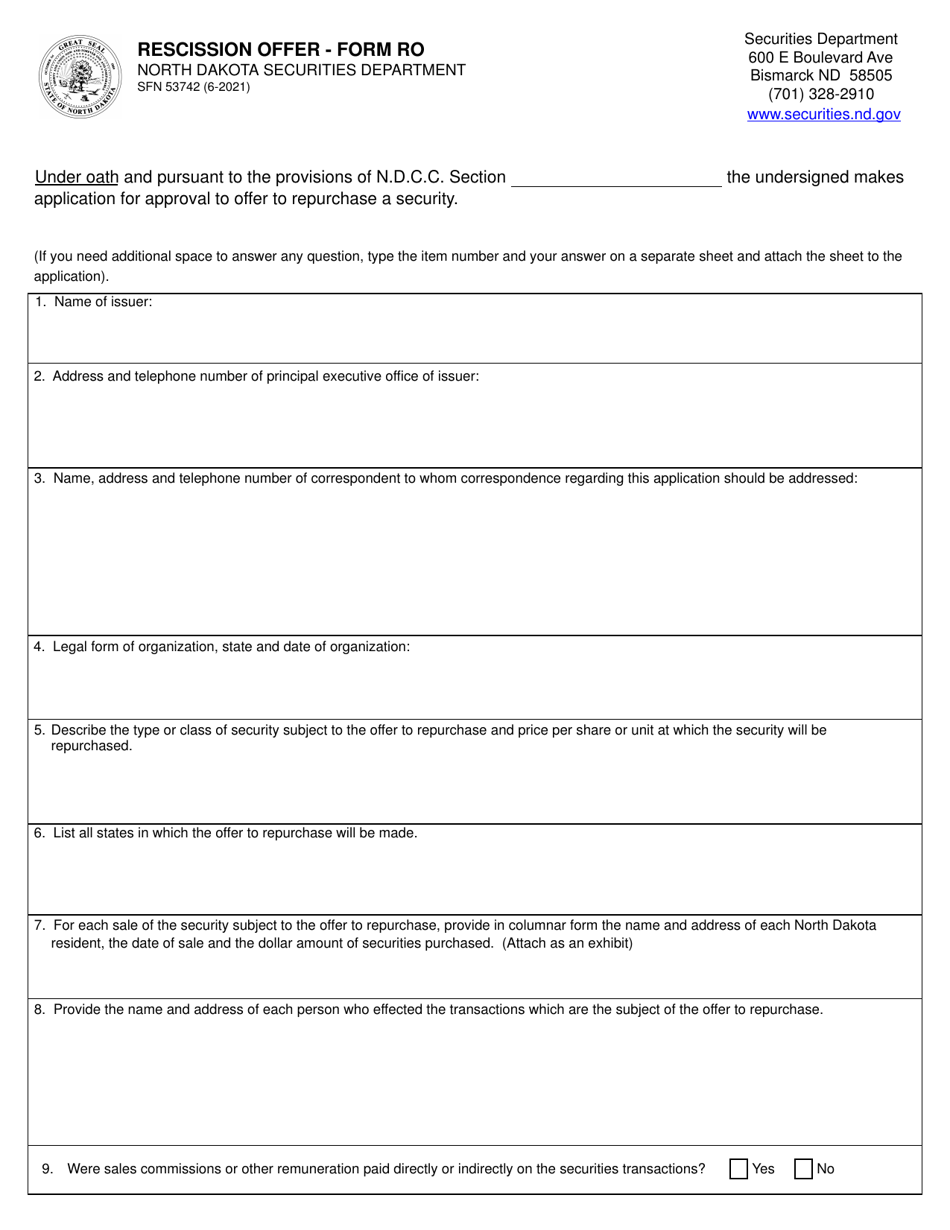 Form RO (SFN53742) - Fill Out, Sign Online and Download Fillable PDF ...