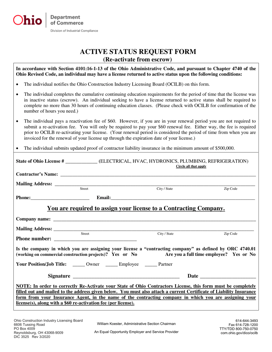 Form DIC3525 - Fill Out, Sign Online and Download Printable PDF, Ohio ...