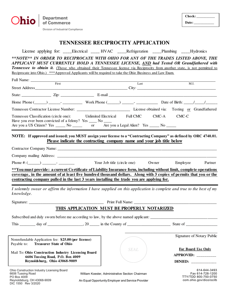Form DIC1550 - Fill Out, Sign Online and Download Printable PDF, Ohio ...