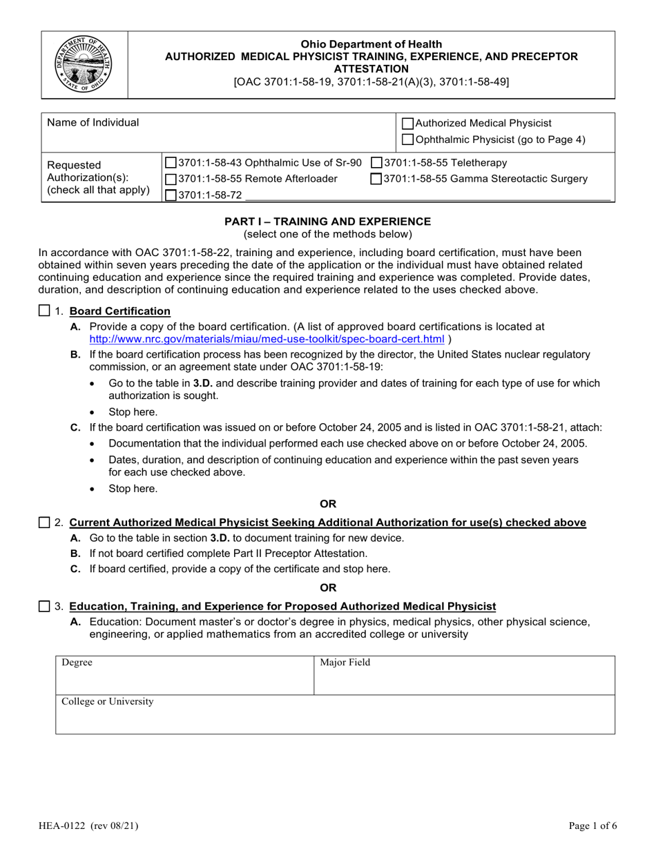 Form HEA0122 - Fill Out, Sign Online and Download Fillable PDF, Ohio ...