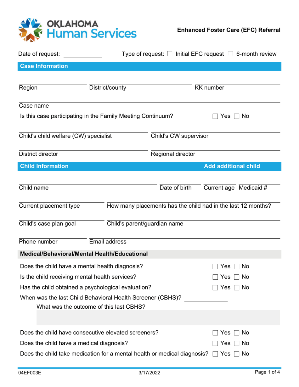 Form 04EF003E Download Fillable PDF or Fill Online Enhanced Foster Care ...