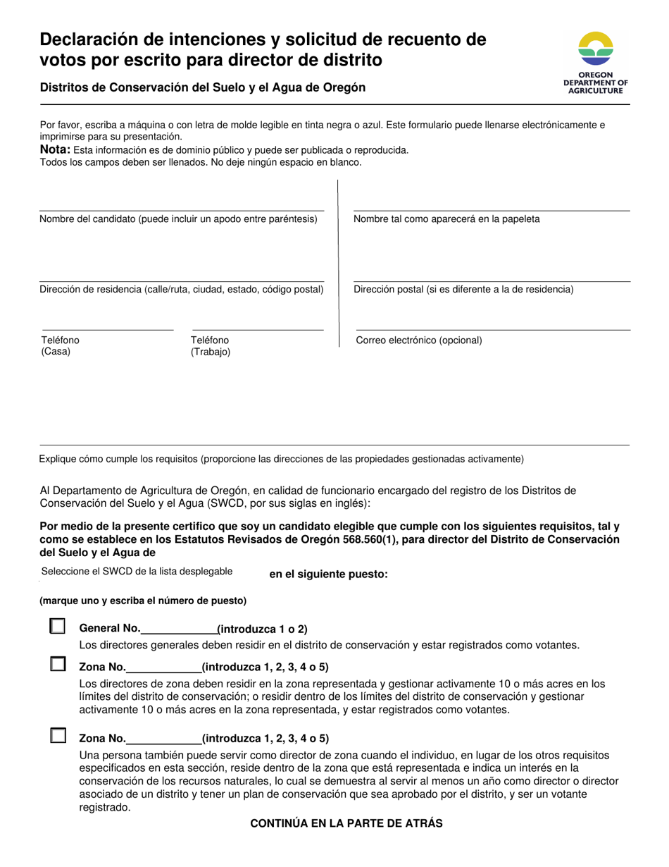 Oregon Swcd Declaracion De Intenciones Y Solicitud De Recuento De Votos ...
