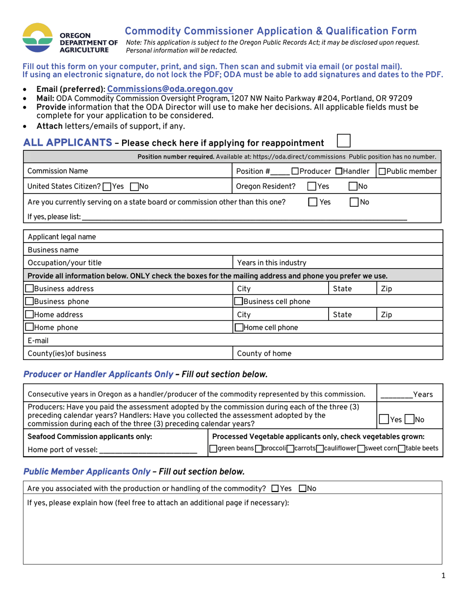 Oregon Commodity Commissioner Application & Qualification Form - Fill ...