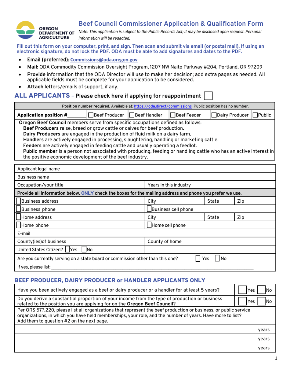 Oregon Beef Council Commissioner Application & Qualification Form ...