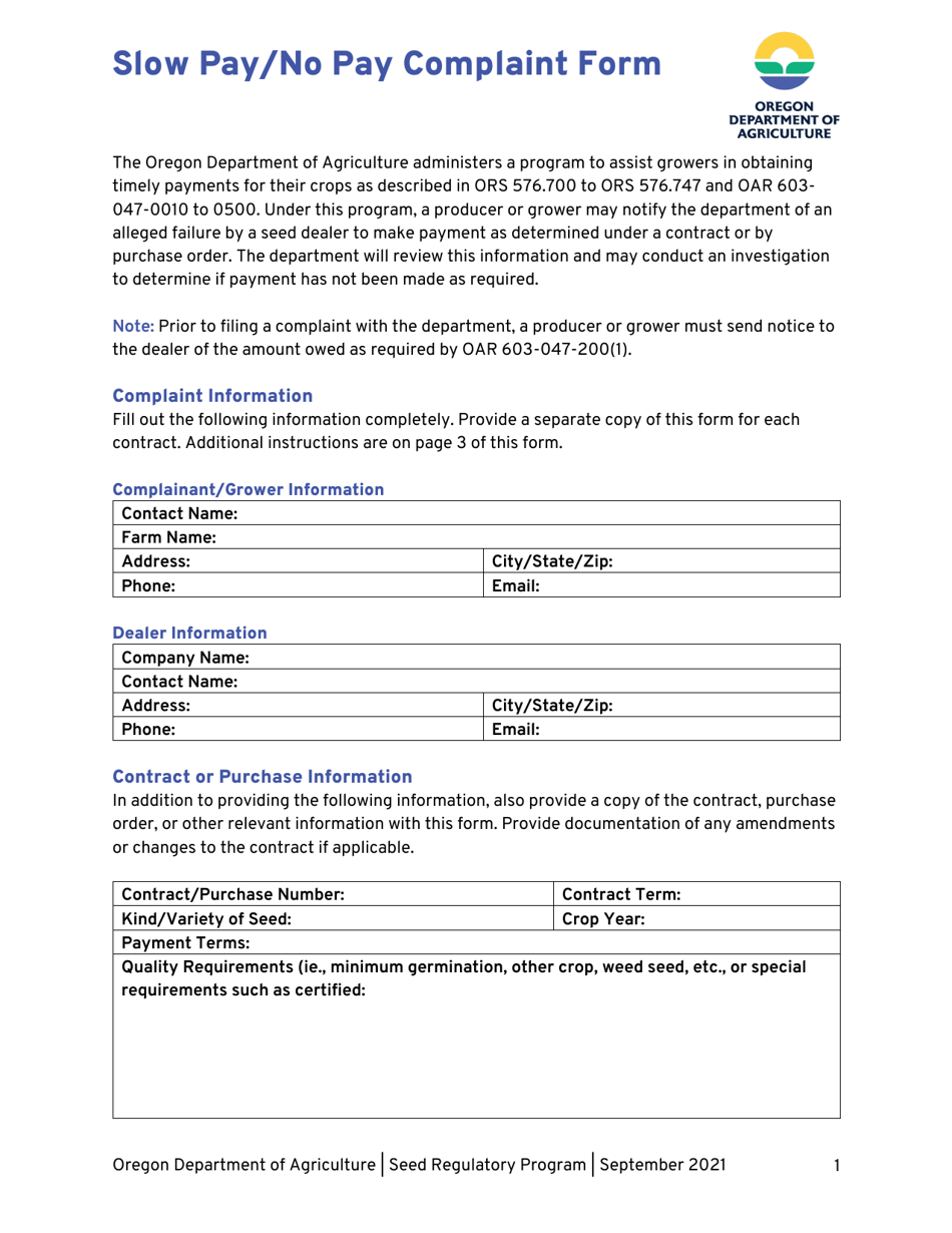 Oregon Slow Pay/No Pay Complaint Form - Fill Out, Sign Online and ...