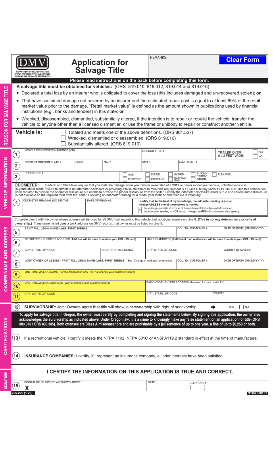 Form 735-229 - Fill Out, Sign Online and Download Fillable PDF, Oregon ...